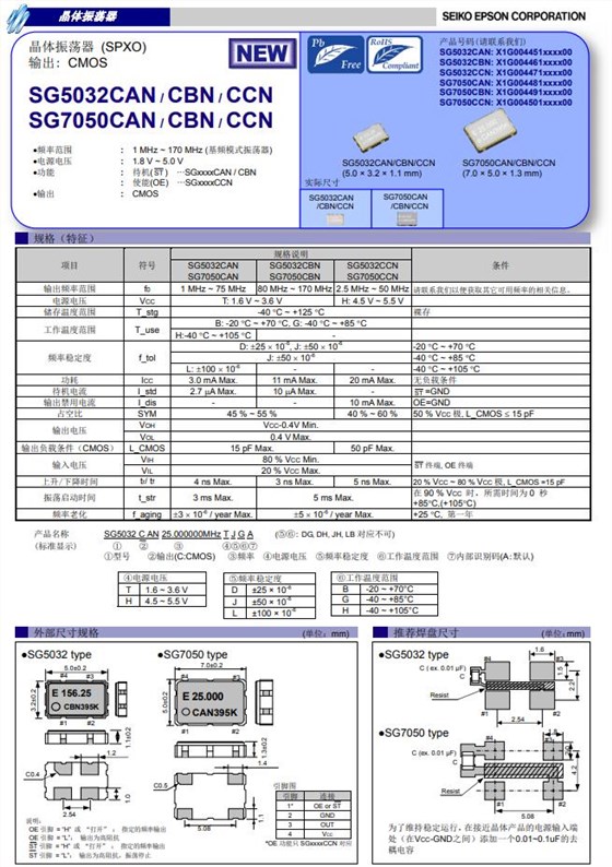 X1G0044810001晶振,爱普生振荡器,SG7050CAN有源晶体
